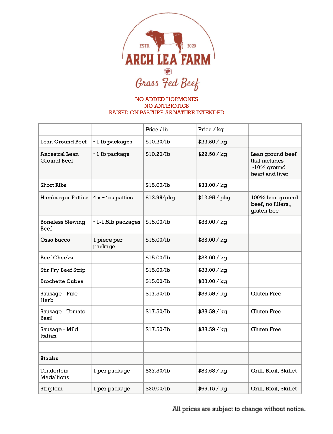 2025 Product List Inventory – Arch Lea Farm